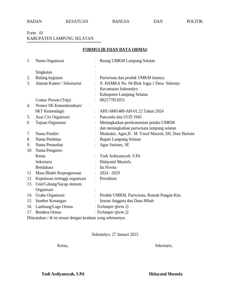 Formulir Data ORMAS | PDF