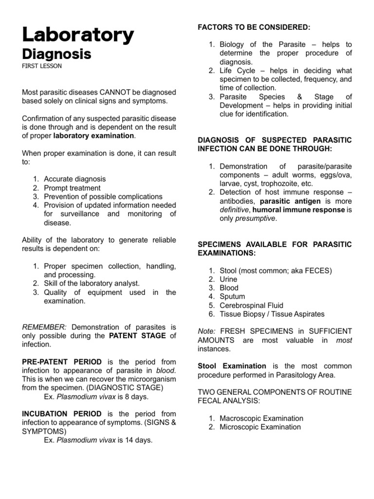 Parasitic Disease Laboratory Diagnosis Guide | PDF | Human Feces | Bile