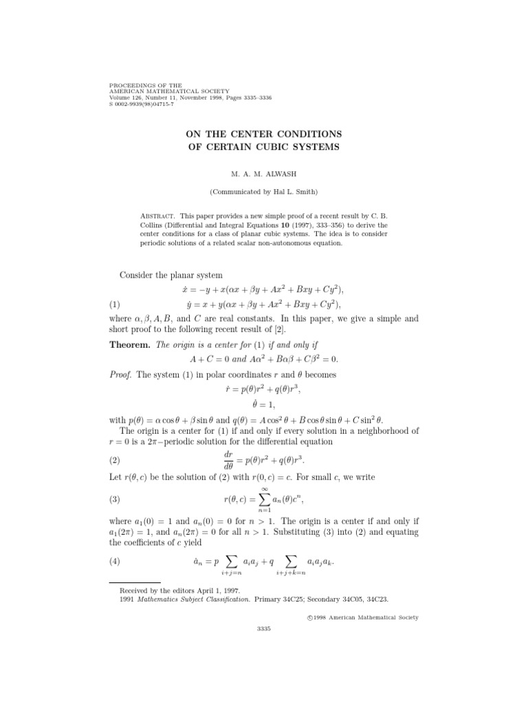 Center Conditions for Cubic Systems | PDF | Equations | Nonlinear System