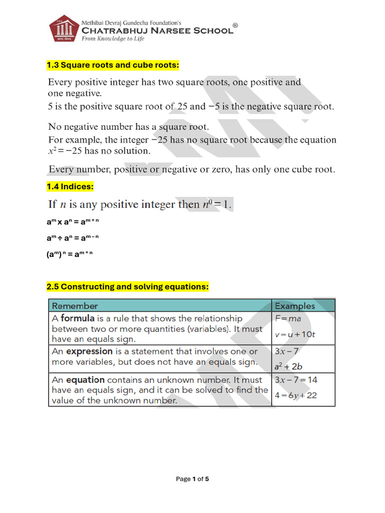 GR 7 Math Handout Term 1 24-25 | PDF