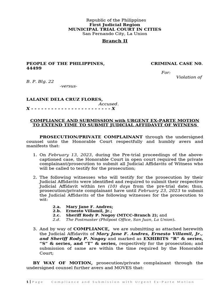 Compliancewithex Parte Motion To Extend Time To Submit Ja of Witness in ...