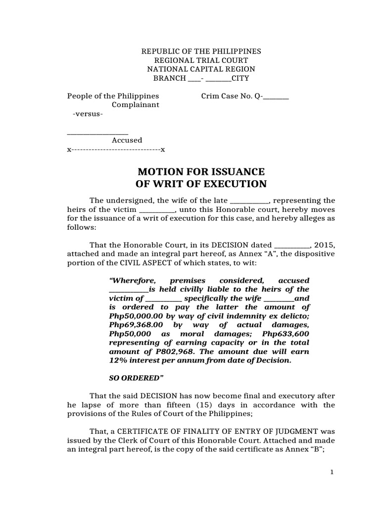 Motion For Issuance of Writ of Execution in Cardinez VS Campos Case ...