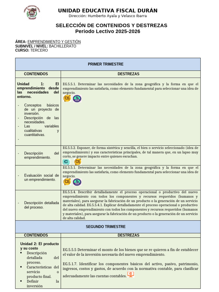Contenidos y Destrezas. Tercero - Emprendimiento. 2025-2026 | PDF ...