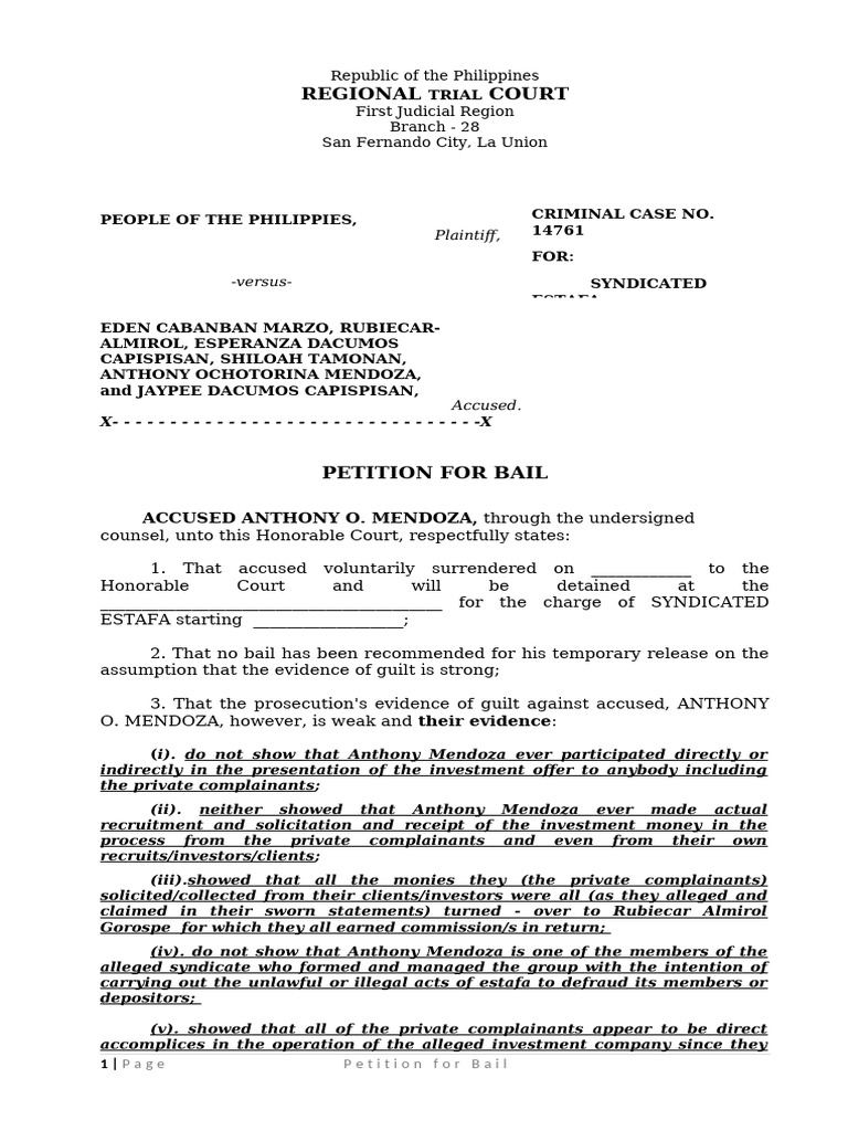 Petition For Bail Anthony Mendoza | PDF | Fraud | Bail