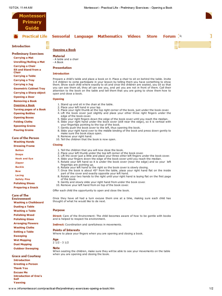 12 Montessori - Practical Life - Preliminary Exercises - Opening A Book ...