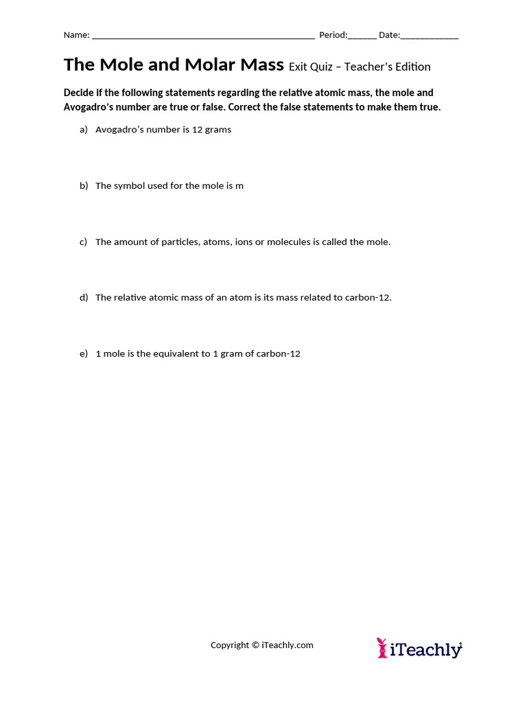 4 1a Exit Quiz TE the Mole and Molar Mass | PDF
