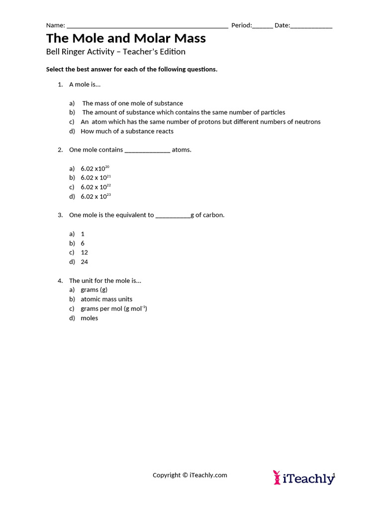 4 1b Bell Ringer TE The Mole and Molar Mass | PDF