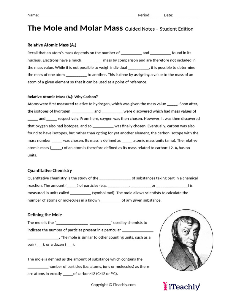 4 1 Guided Notes SE The Mole and Molar Mass | PDF | Mole (Unit) | Atoms