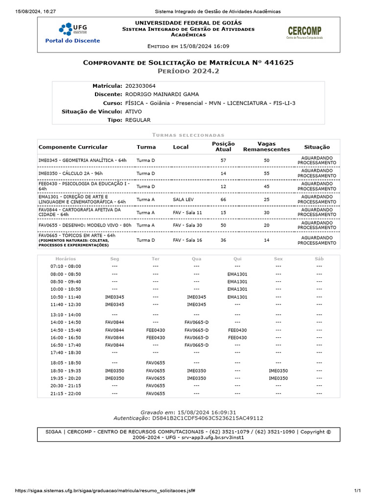 Comprovante de Matrícula - UFG 2024.2 | PDF | Cognição | Aprendizado