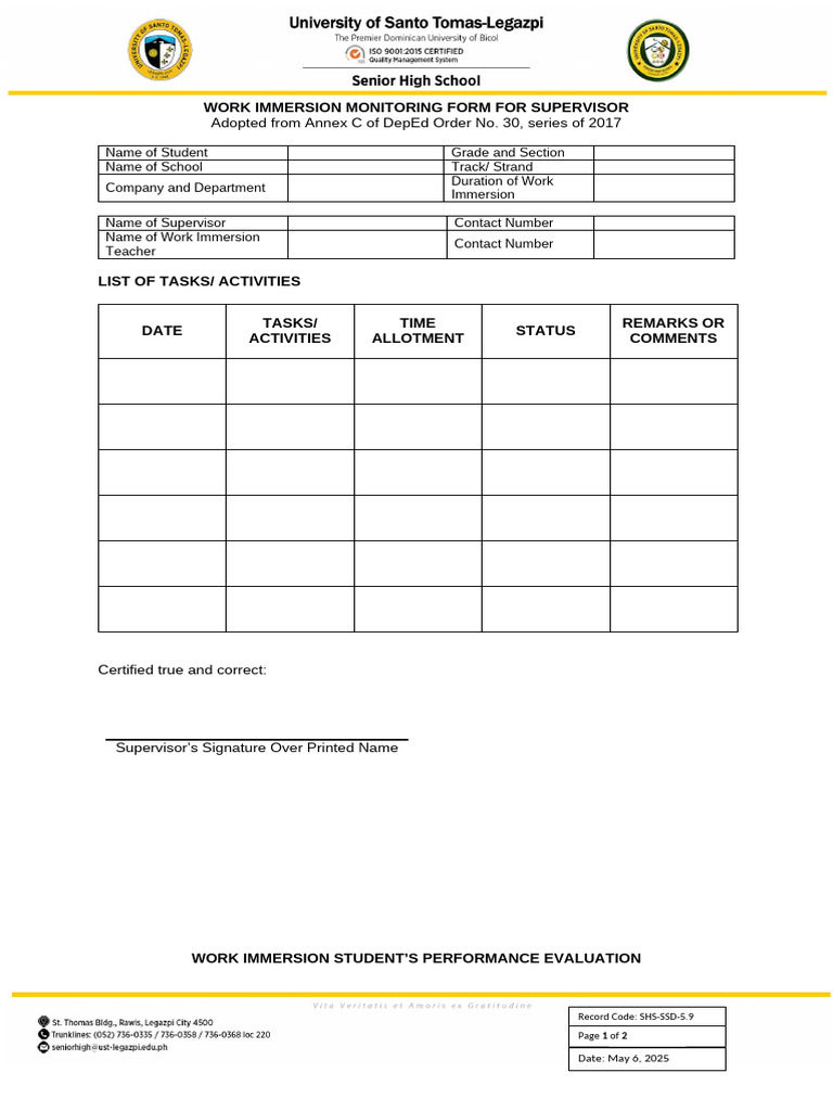 Work Immersion Monitoring Form | PDF | Performance Appraisal | Learning