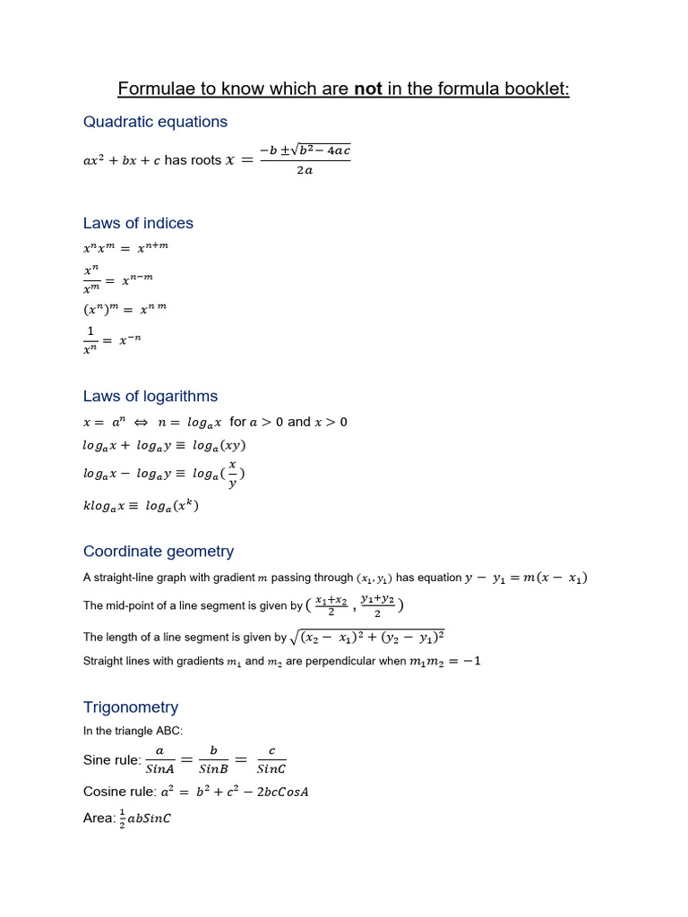 Formulae To Know Which Are Not in The Formula Booklet | PDF