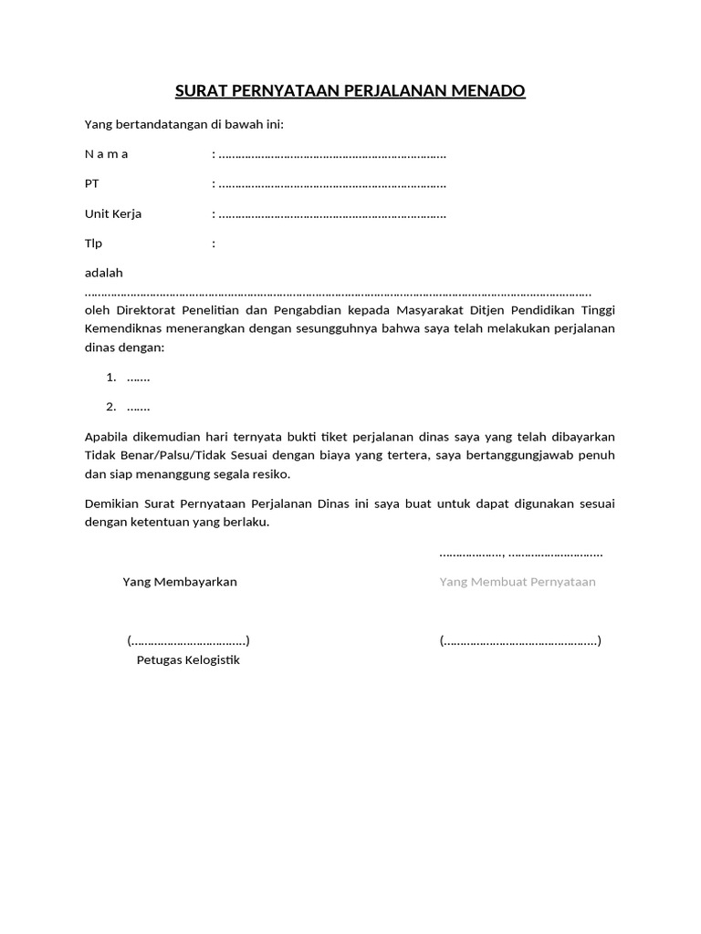 Surat Pernyataan Perjalanan Dinas Menado | PDF