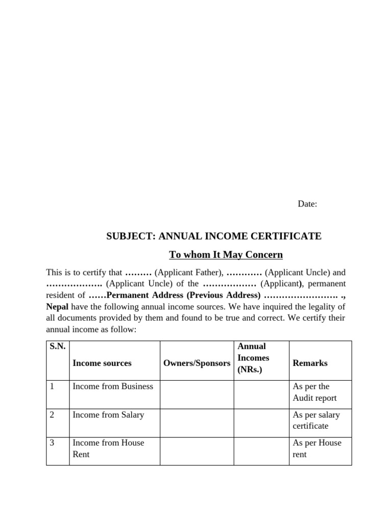 Annual Income Certificate Format | PDF