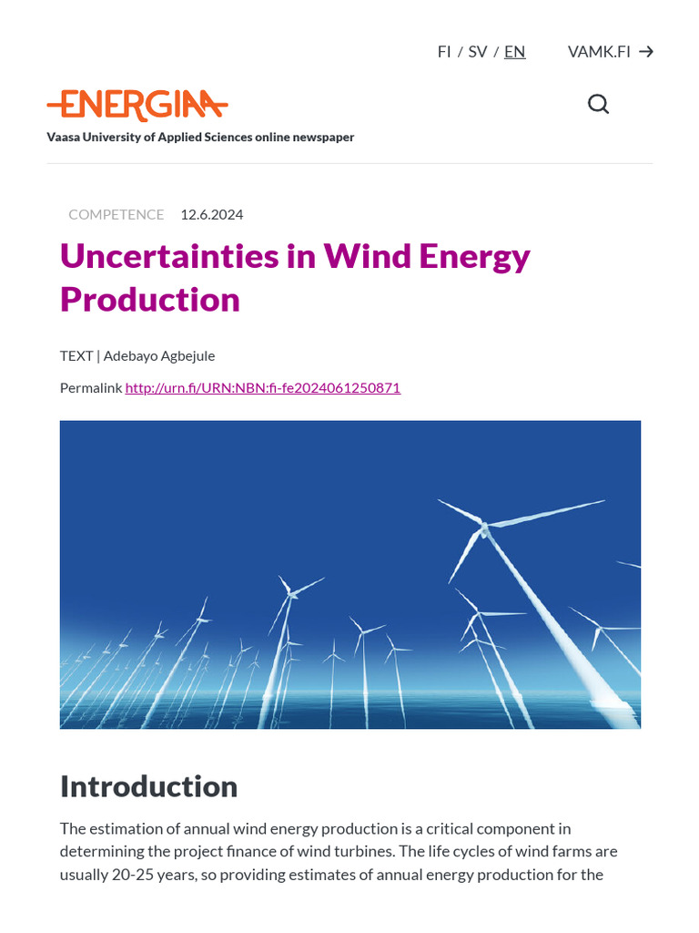 Uncertainties in Wind Energy Production - VAMK - FI | PDF | Uncertainty ...