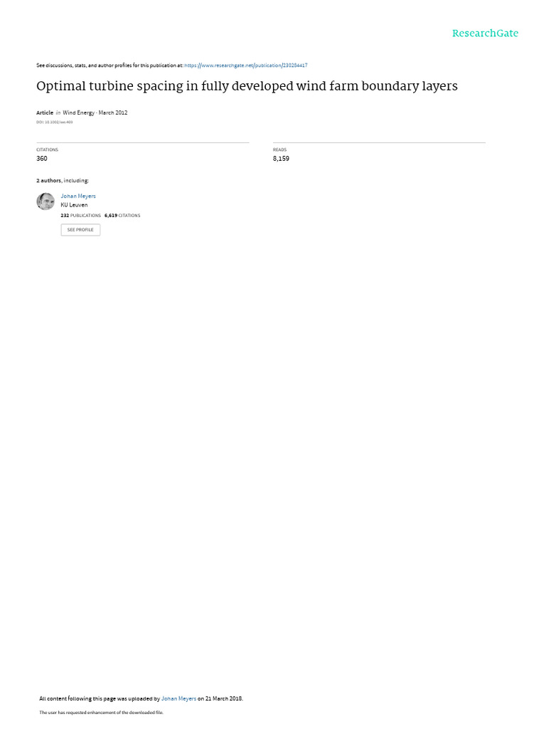 Optimal Turbine Spacing in Fully Developed Wind Fa | PDF | Wind Turbine | Boundary Layer