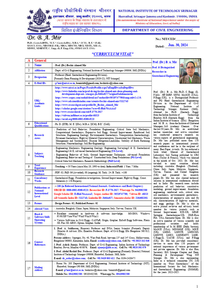 Prof. Bashir Ahmad Mir's CV | PDF | Geotechnical Engineering ...