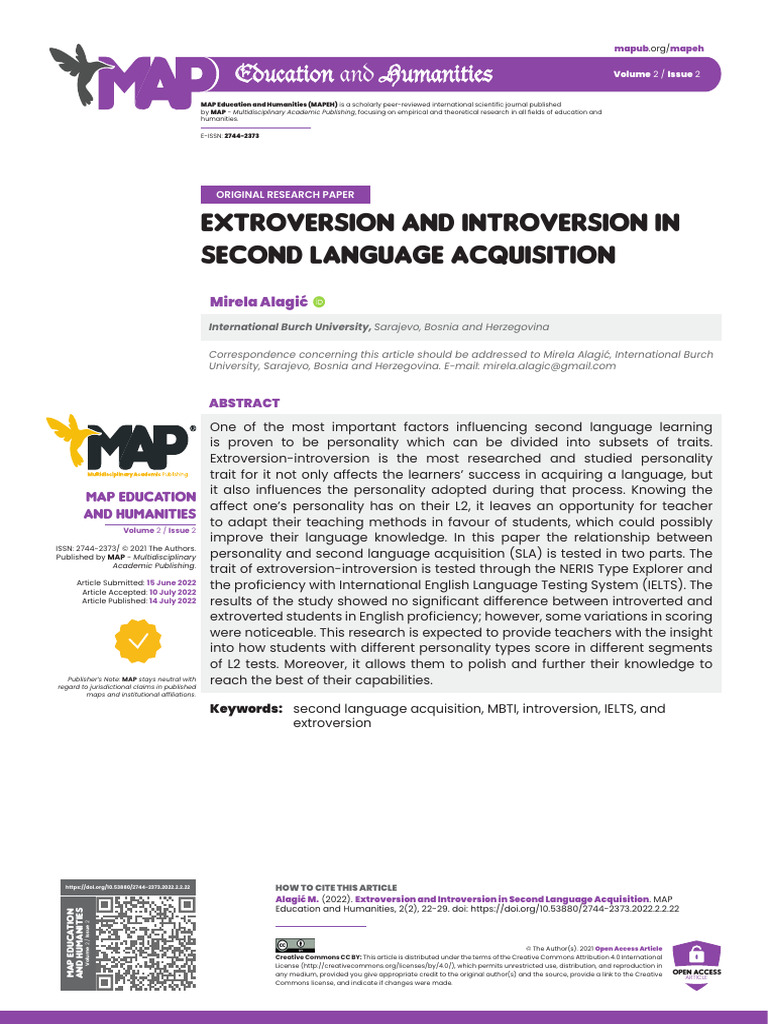Volume 2 Issue 2 Article 3 Extroversion and Introversion in Second Language Acquisition | PDF ...