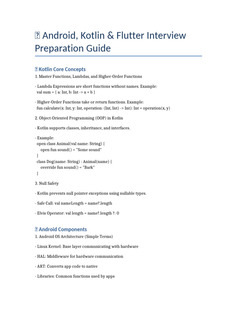 Android_Kotlin_Flutter_Interview_Guide | PDF | Object Oriented Programming | Software Development