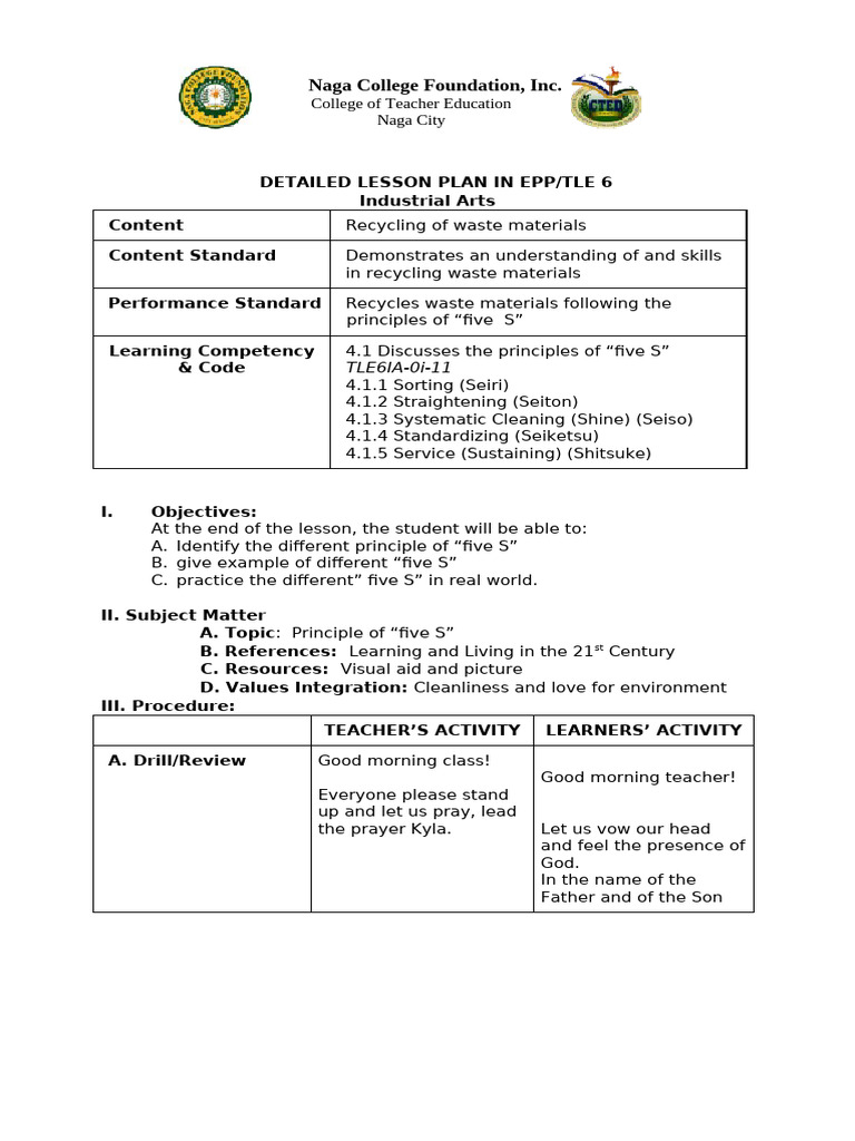 Lesson Plan: Five S Principles in EPP/TLE | PDF | Recycling | Waste
