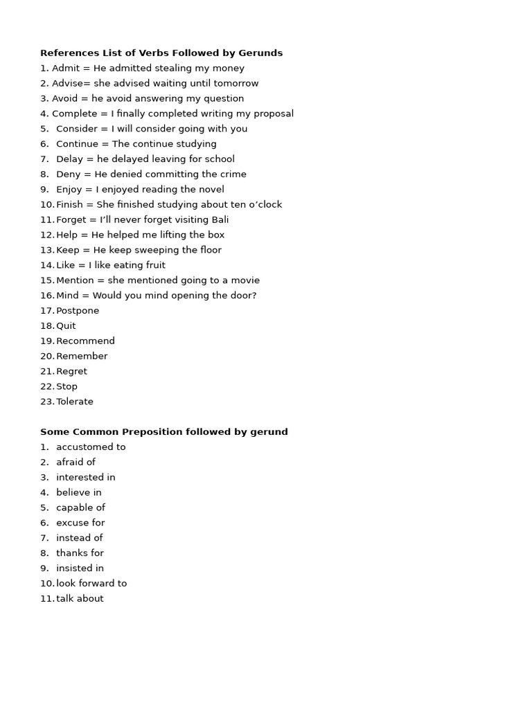 References List of Verbs Followed by Gerunds | PDF | Verb | Sentence (Linguistics)