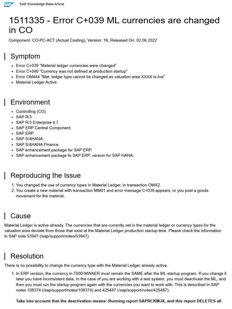 Error C+039 ML Currencies Are Changed in CO | PDF | Sap Se