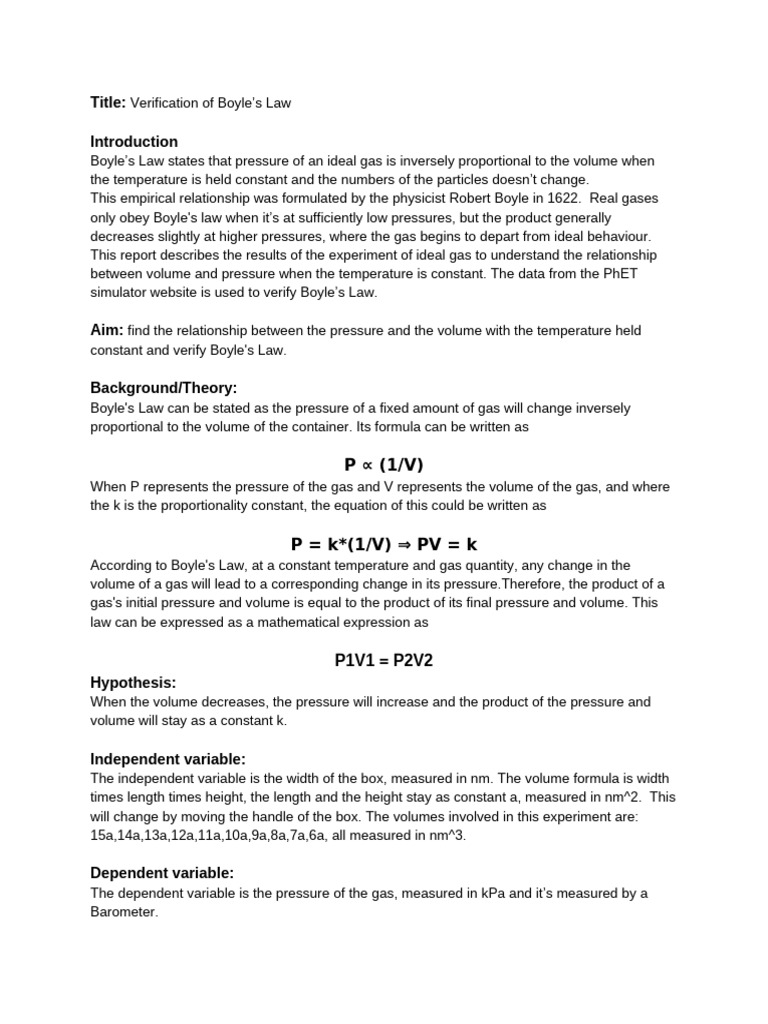 Title Verification of Boyle's Law | PDF | Gases | Pressure