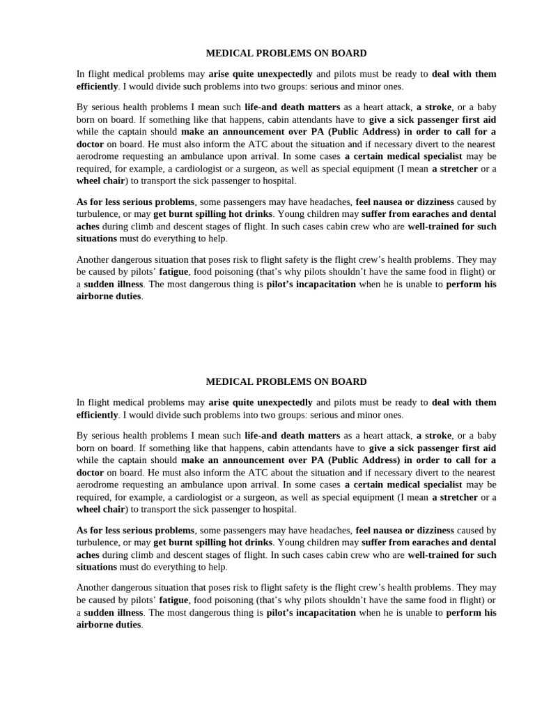 Medical Problems On Board | PDF | Flight Attendant | Aviation Safety
