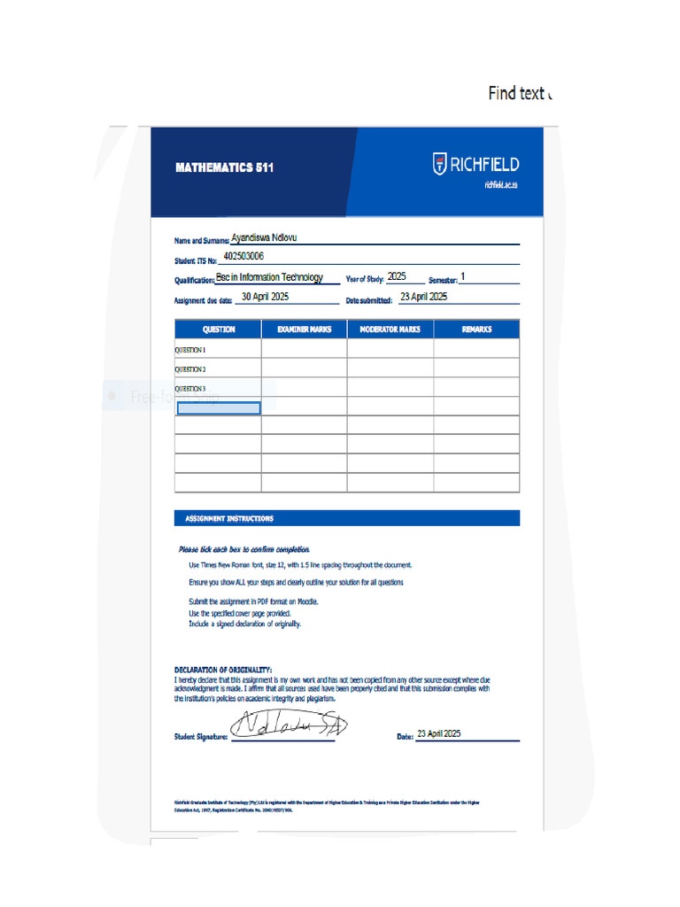 Mathematics 511 Assignment Ayandiswa Sthembele Ndlovu | PDF | Boolean Algebra | Teaching Mathematics