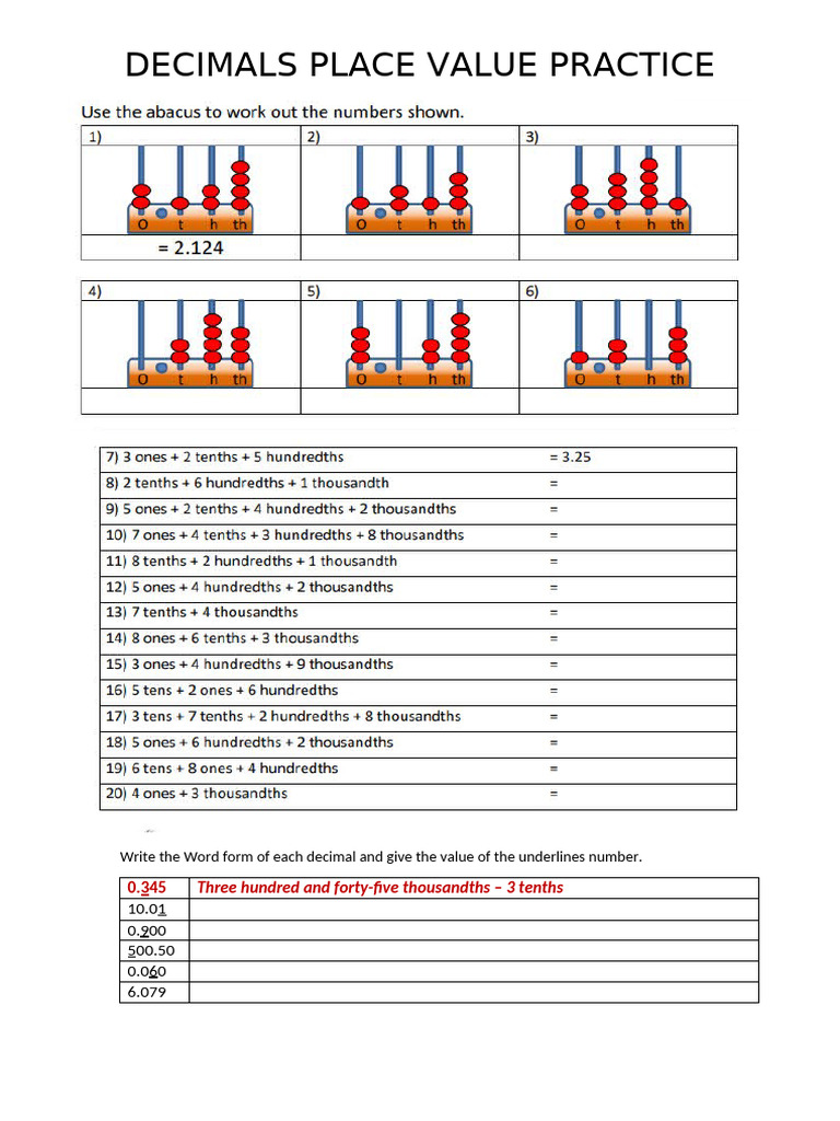 Decimals Place Value Exercises | PDF