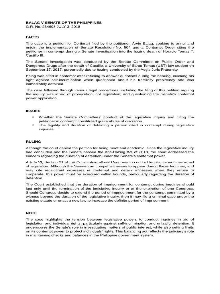 Balag V Senate of The Philippines | PDF | Detention (Imprisonment ...