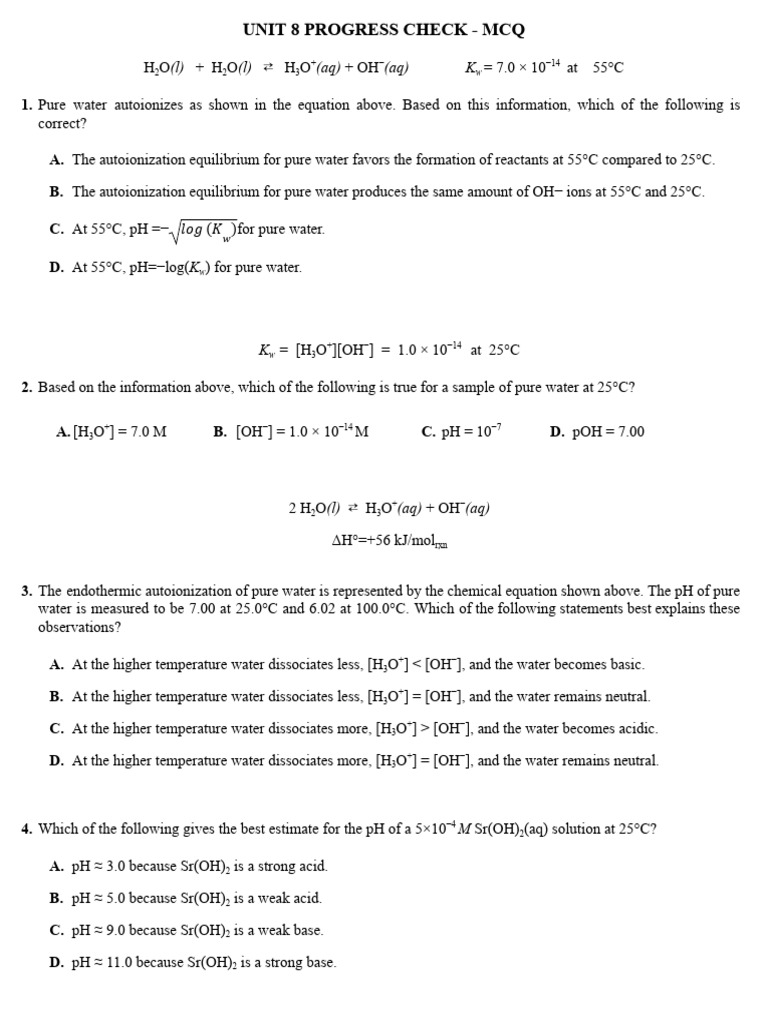 AP CHemistry Unit 08 Progress Check MCQ | PDF | Ph | Acid