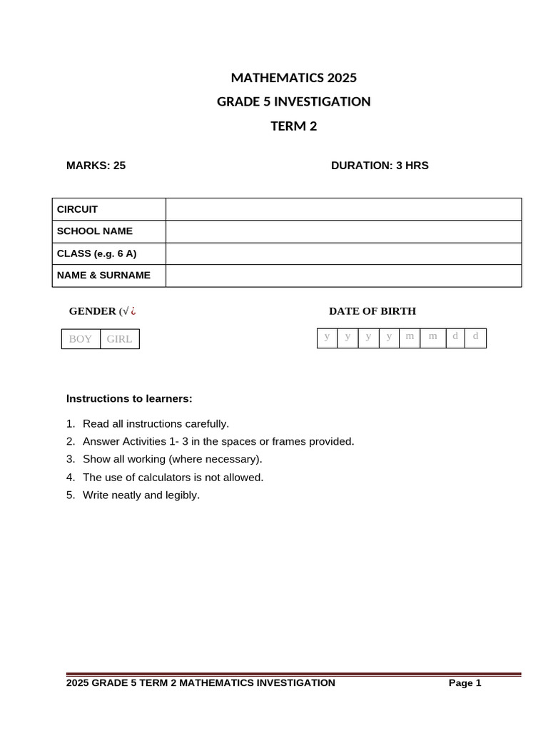 Grade 5 Term 2 Maths Investigation | PDF | Mathematics