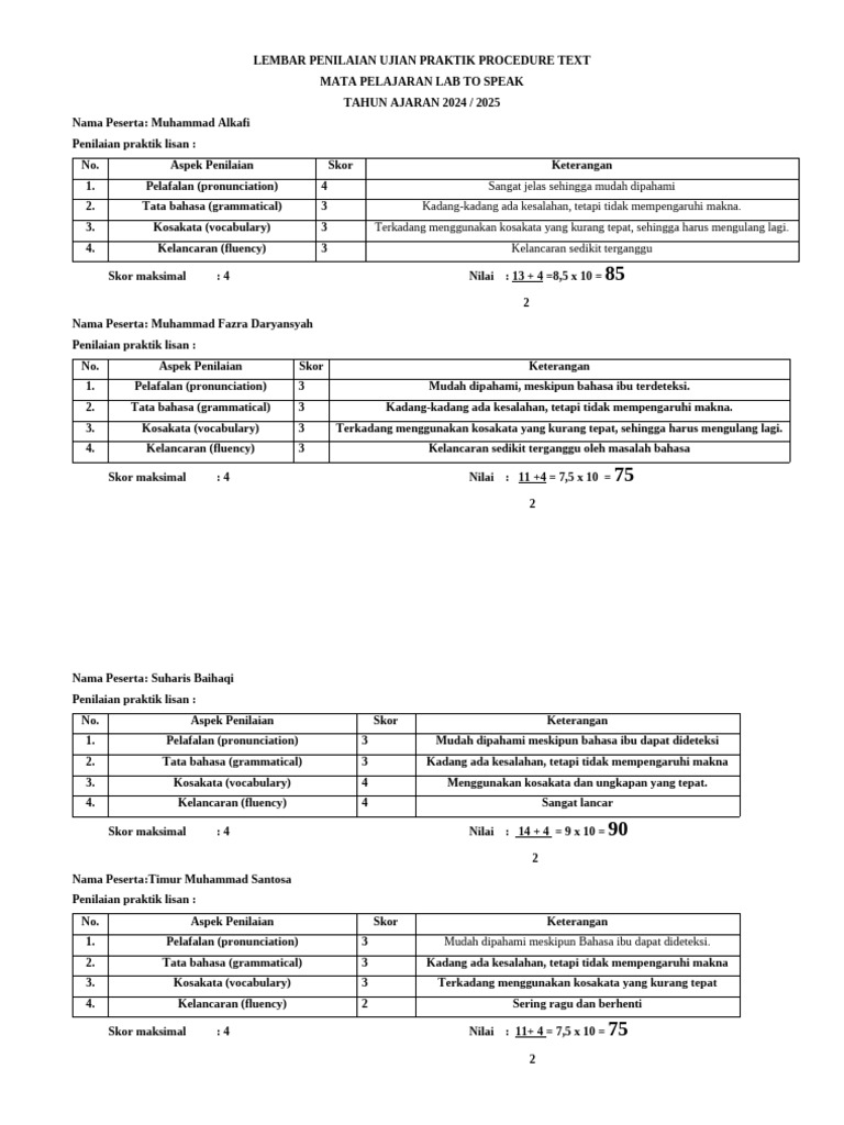 Lembar Penilaian Ujian Praktik Procedure Text - Lts | PDF