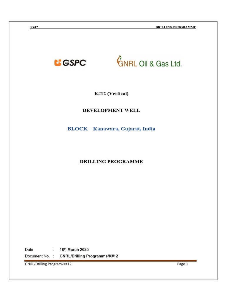 K#12 Drilling Programme (GNRL) | PDF | Casing (Borehole) | Oil Well