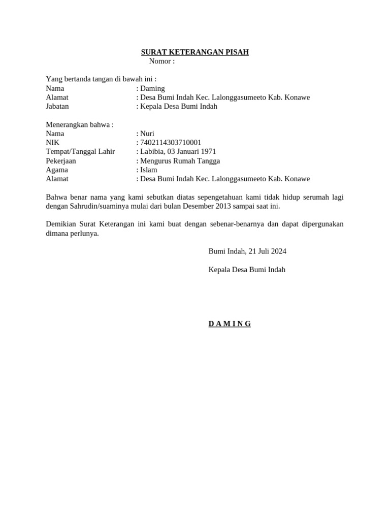 Surat Keterangan Pisah | PDF