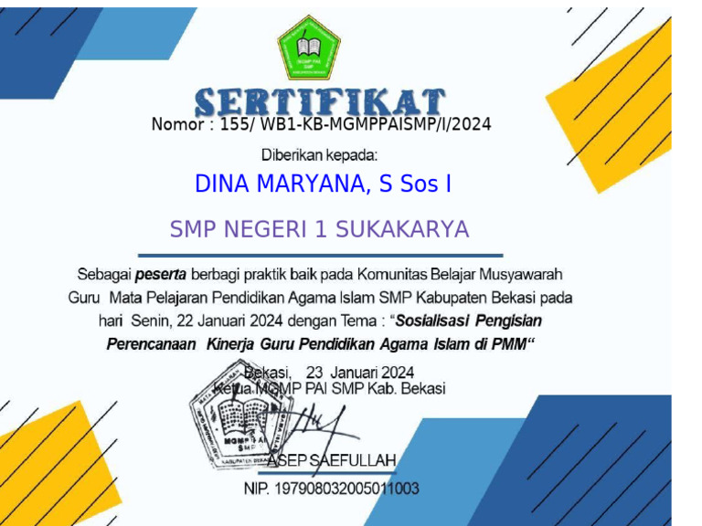 E-SERTIFIKAT WEBINAR berbagi praktik baik MGMP PAI 22 JANUARI 2024 DINA MARYANA, S Sos I | PDF