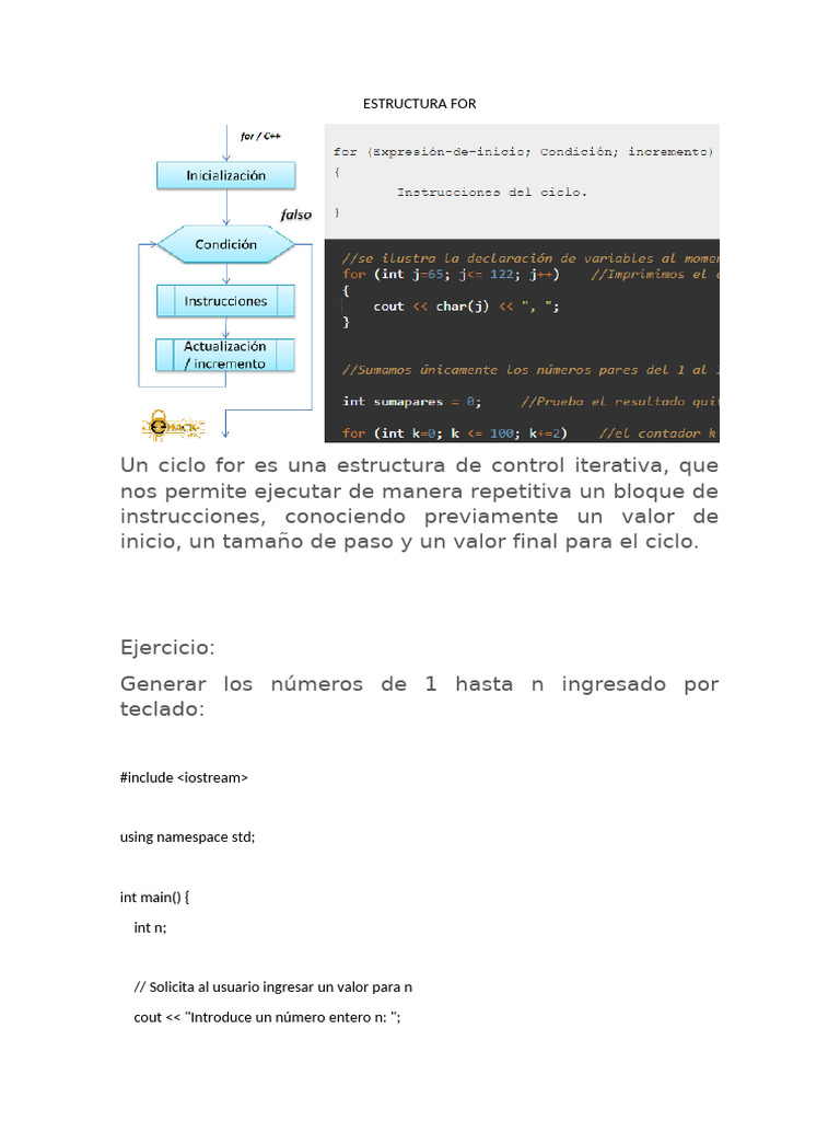 Estructura de Control: Ciclo For en C++ | PDF