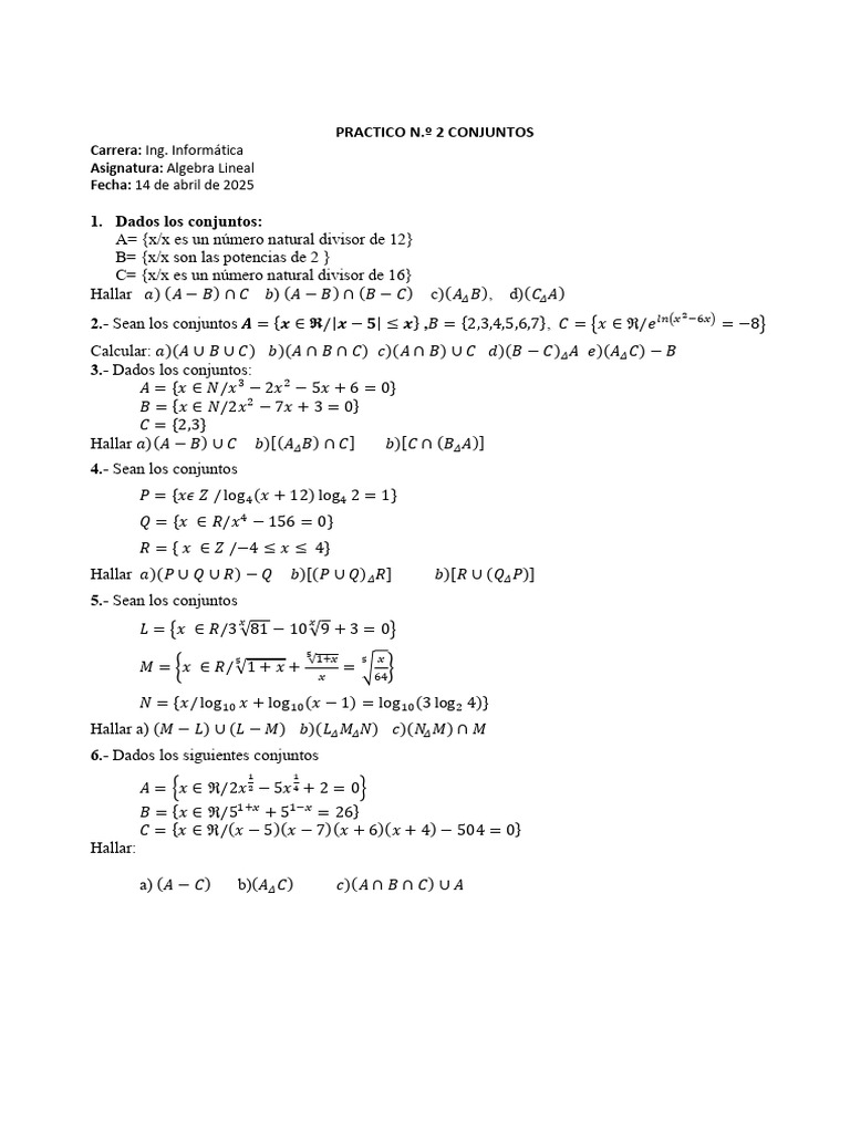 Ejercicios de Conjuntos en Álgebra Lineal | PDF | Matemáticas ...