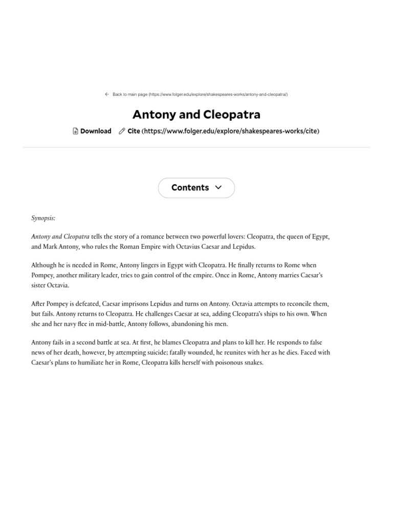 Antony and Cleopatra - Entire Play - Folger Shakespeare Library | PDF | Mark Antony | Cleopatra