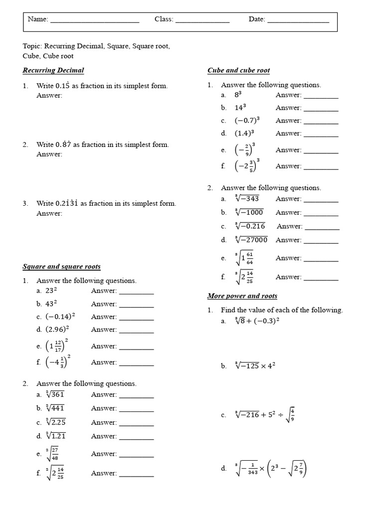 Square and Cube Roots Worksheet | PDF | Arithmetic | Mathematics