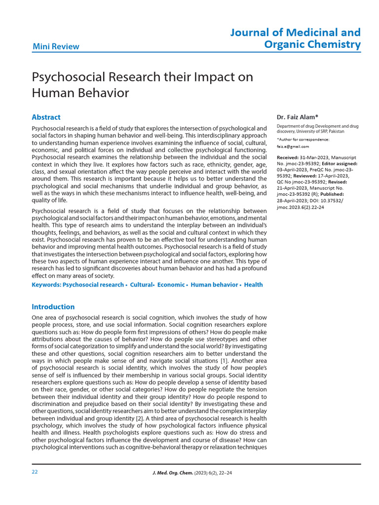 Psychosocial Research Their Impact On Human Behavior | PDF | Cognitive ...