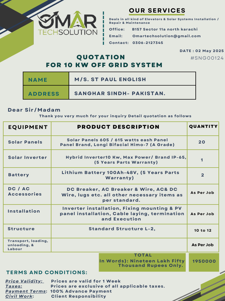 Quotation Fro 10 KW #sng00124 | PDF | Photovoltaic System | Renewable ...