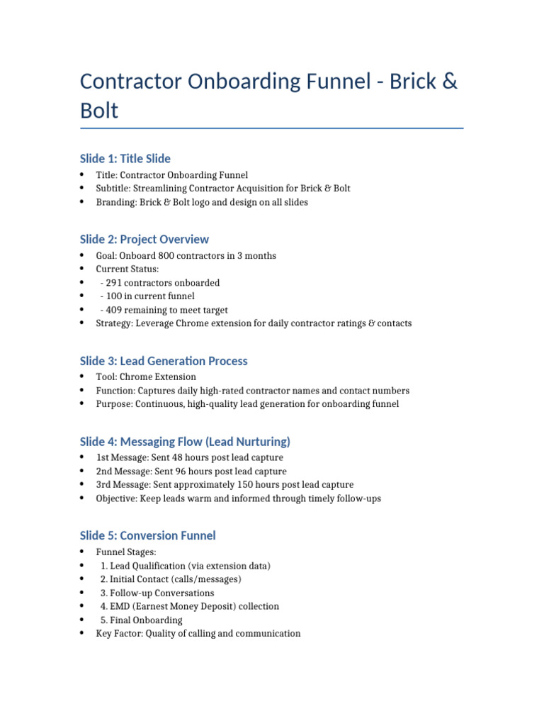 Contractor Onboarding Funnel BrickAndBolt | PDF