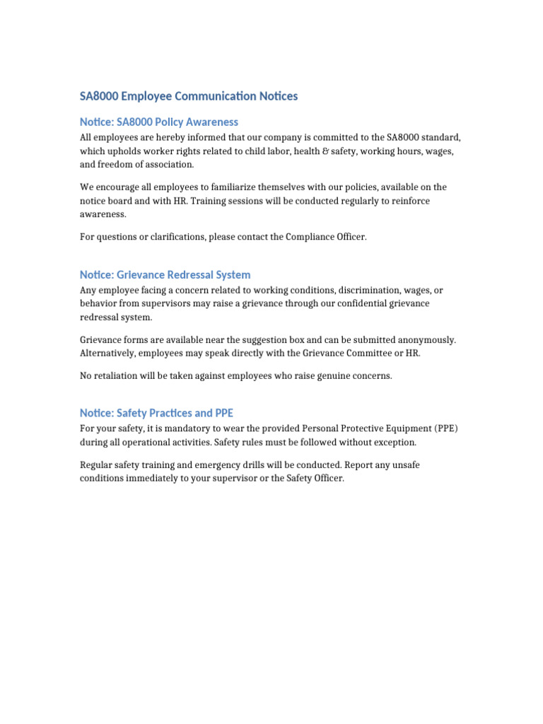 SA8000 Employee Communication Notices | PDF