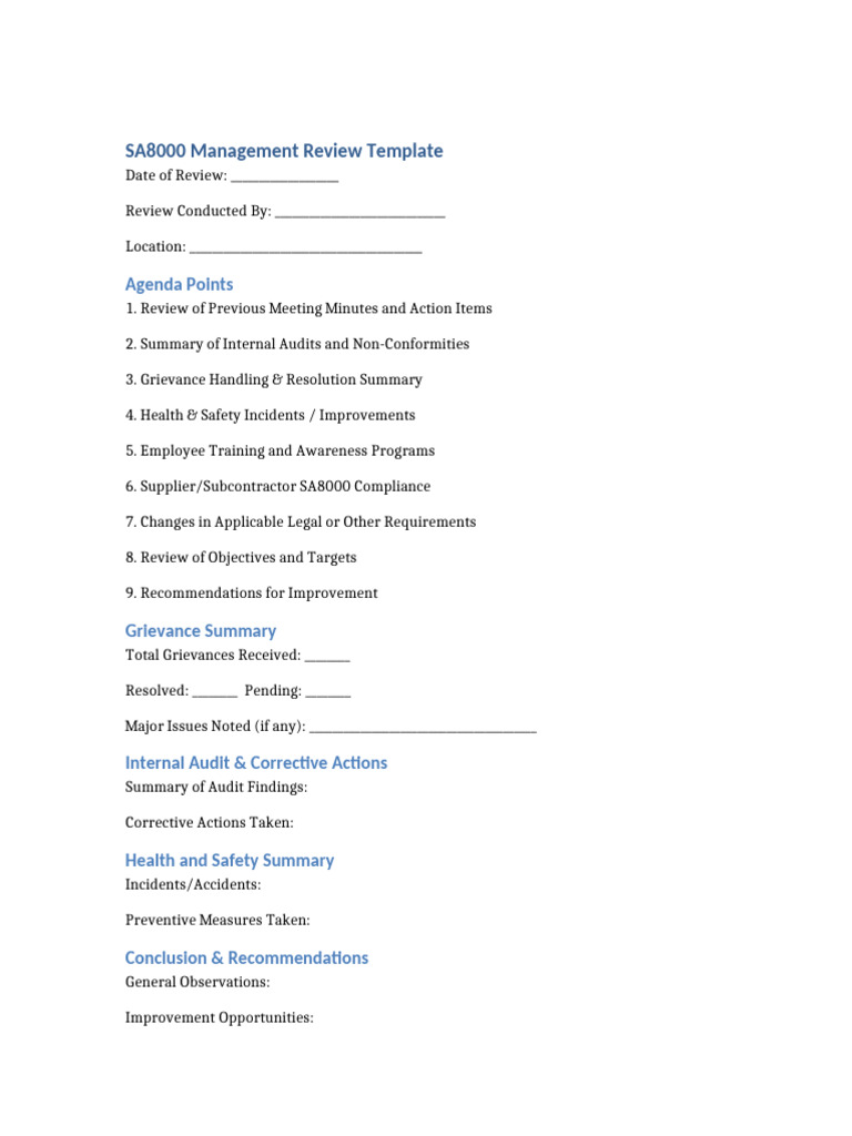 SA8000 Management Review Template | PDF