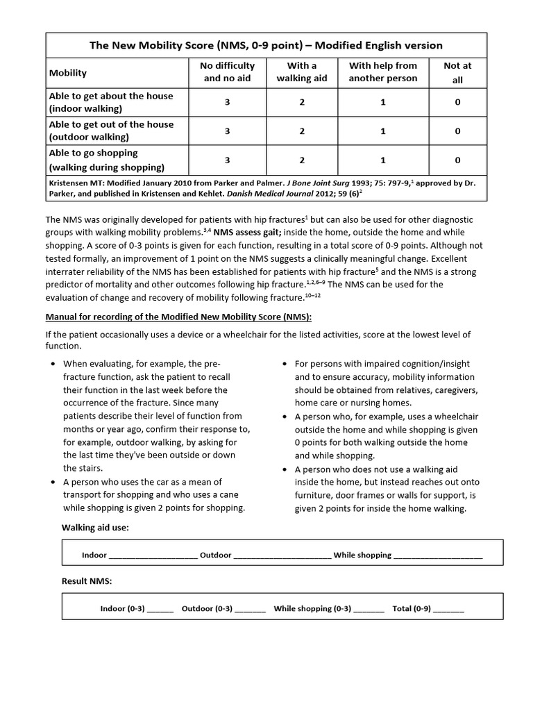 The New Mobility Score (NMS, 0-9 Point) Modified English Version | PDF | Diseases And Disorders ...