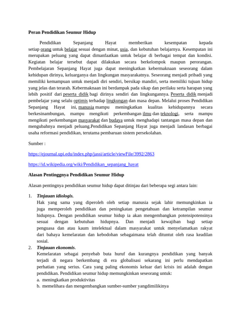 Peran Pendidikan Seumur Hidup Dan Alasan Pentingnya Pendidikan Seumur Hidup | PDF