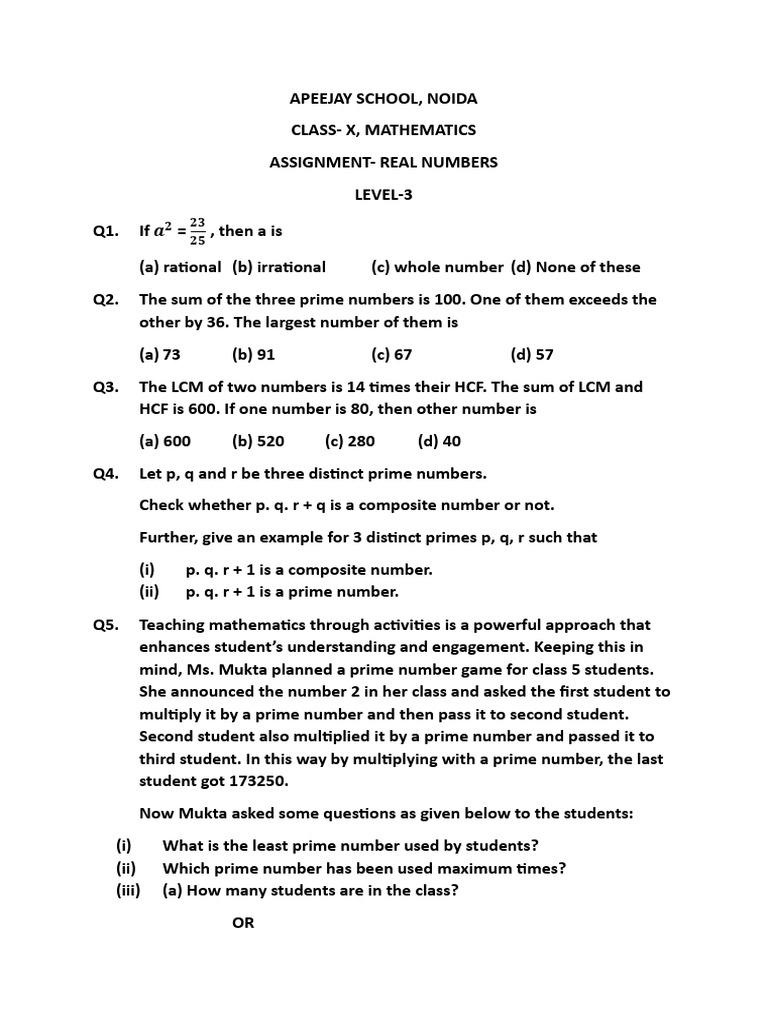 Assignment On Real Numbers-Level-3 | PDF | Prime Number | Mathematics