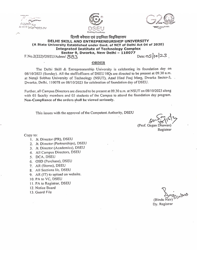 Invitation For Celebration of Foundation Day of DSEU On 08 Oct 2023 | PDF
