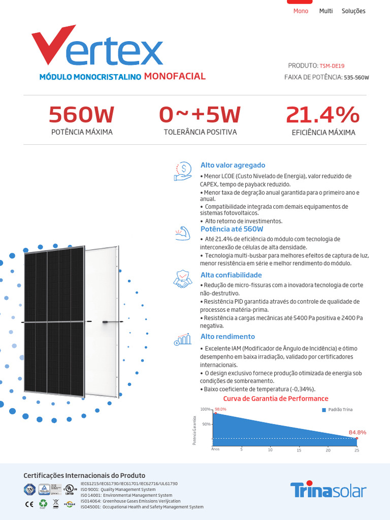Datasheet Módulo TRINA TSM 550DE18 | PDF | Fotovoltaica | Fenômenos físicos